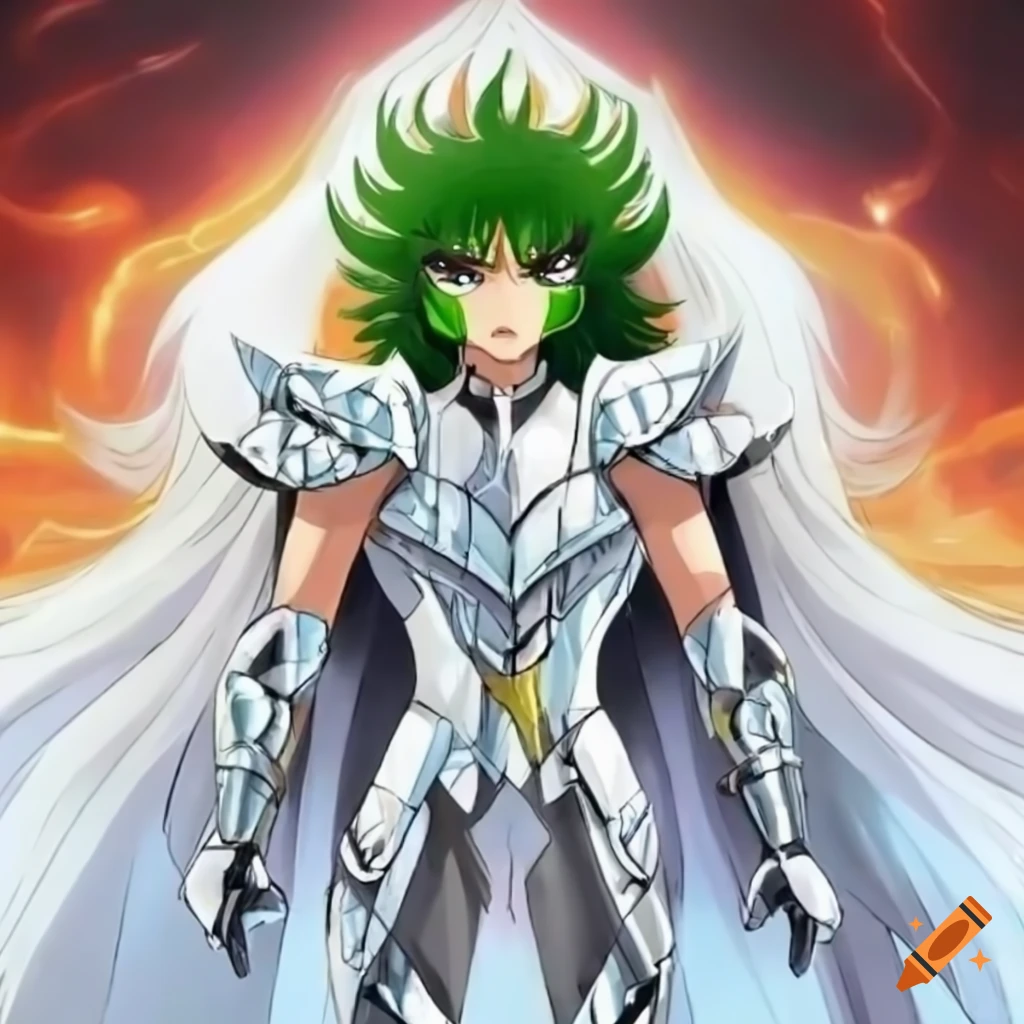 Saint Seiya twins in white armor with green hair and fire and ice ...