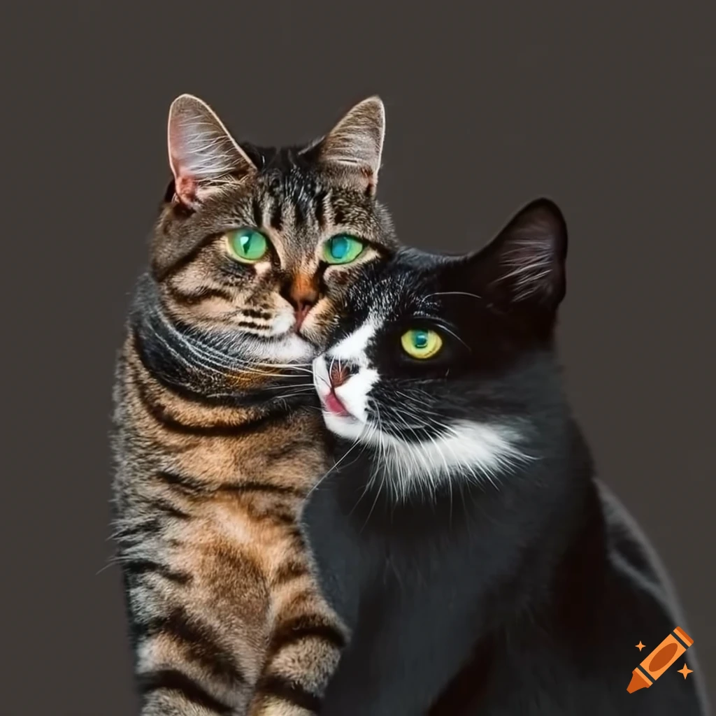 Tabby cat and black tuxedo cat cuddling together on Craiyon
