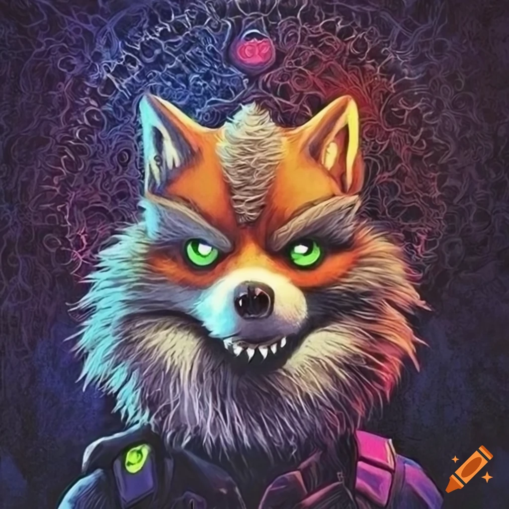 Intricate details of a werewolf resembling Star Fox on a vintage poster ...