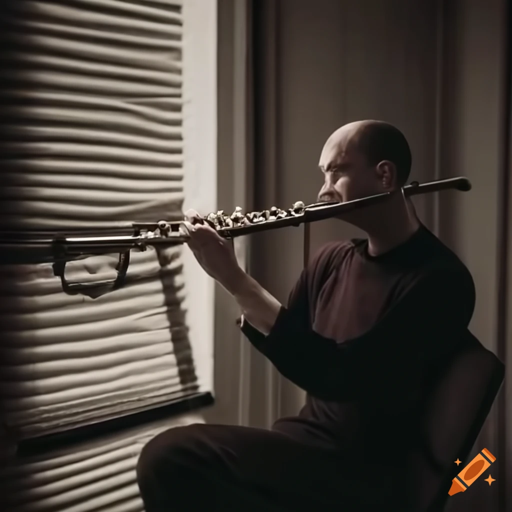 Man playing flute outside apartment window on Craiyon