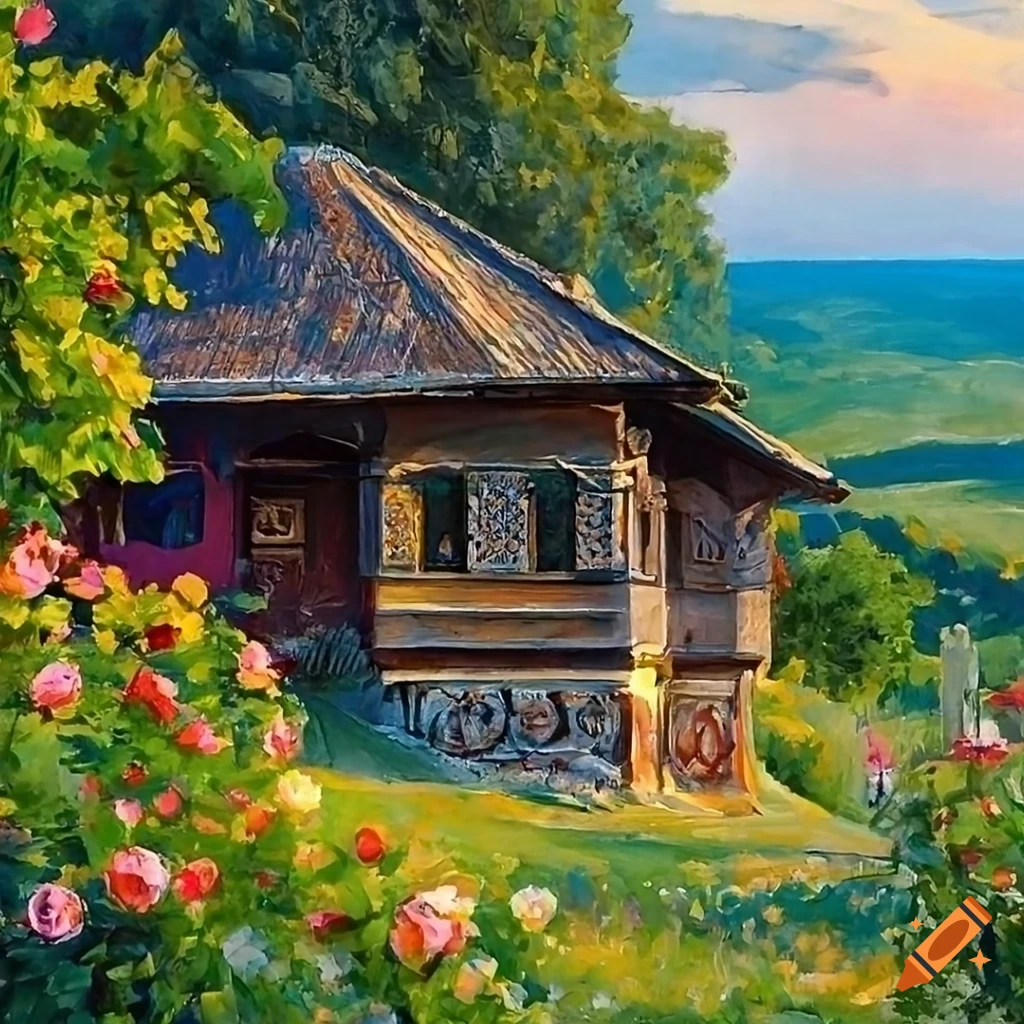 Intricate vibrant artwork of a Romanian house with a garden of roses in ...