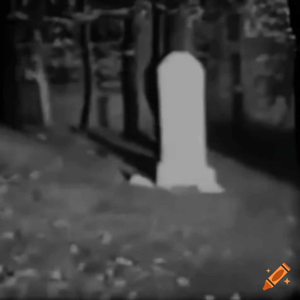 Mysterious figure near a gravestone in a grainy VHS still frame on Craiyon
