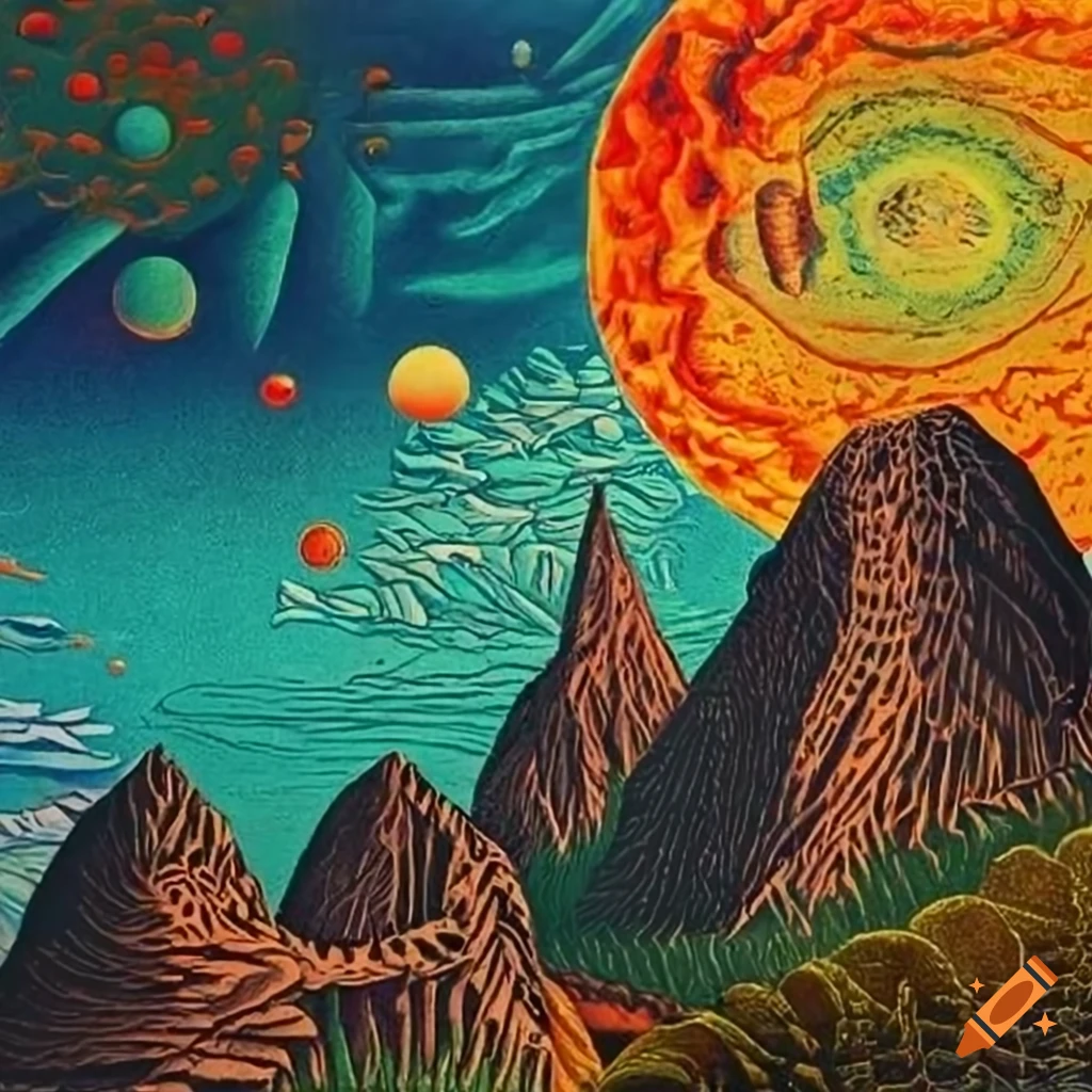 Acid mountain landscape with hawks in a surrealistic, science fiction ...