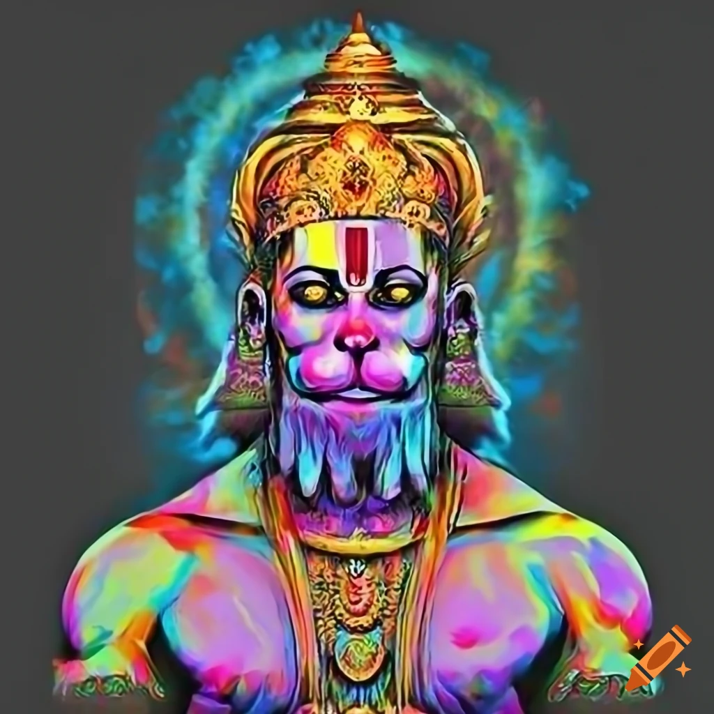 Colorful hindu god hanuman on black background by android jones on Craiyon