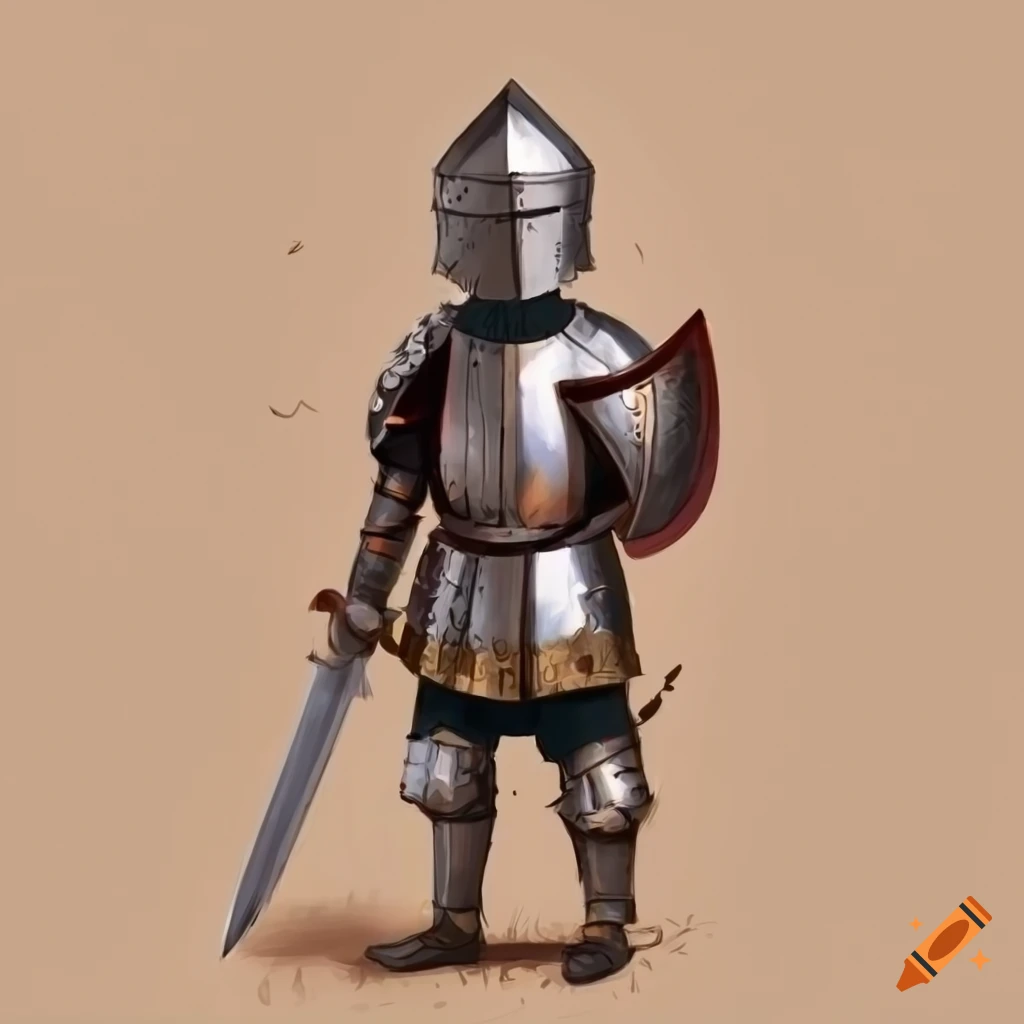 Small puppet boy in full plate armor with shield and sword on Craiyon
