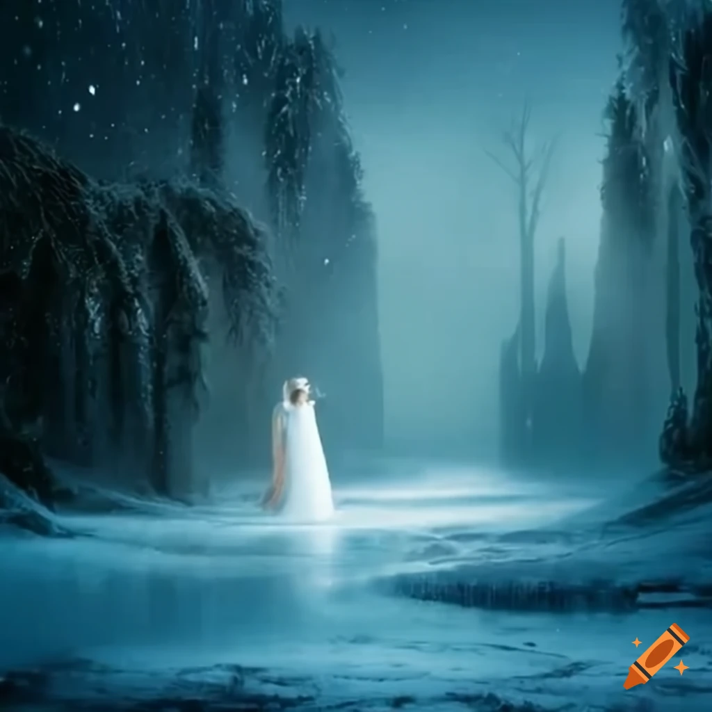 Ethereal white fae queen meets a child in a surreal snow landscape on ...
