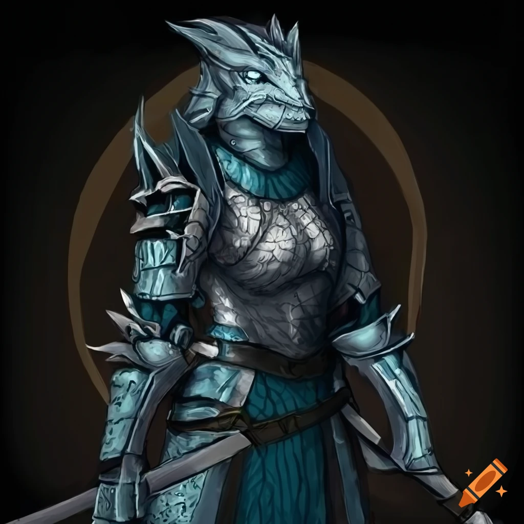 Blue-scaled female reptile dragonborn knight in traditional armor ...