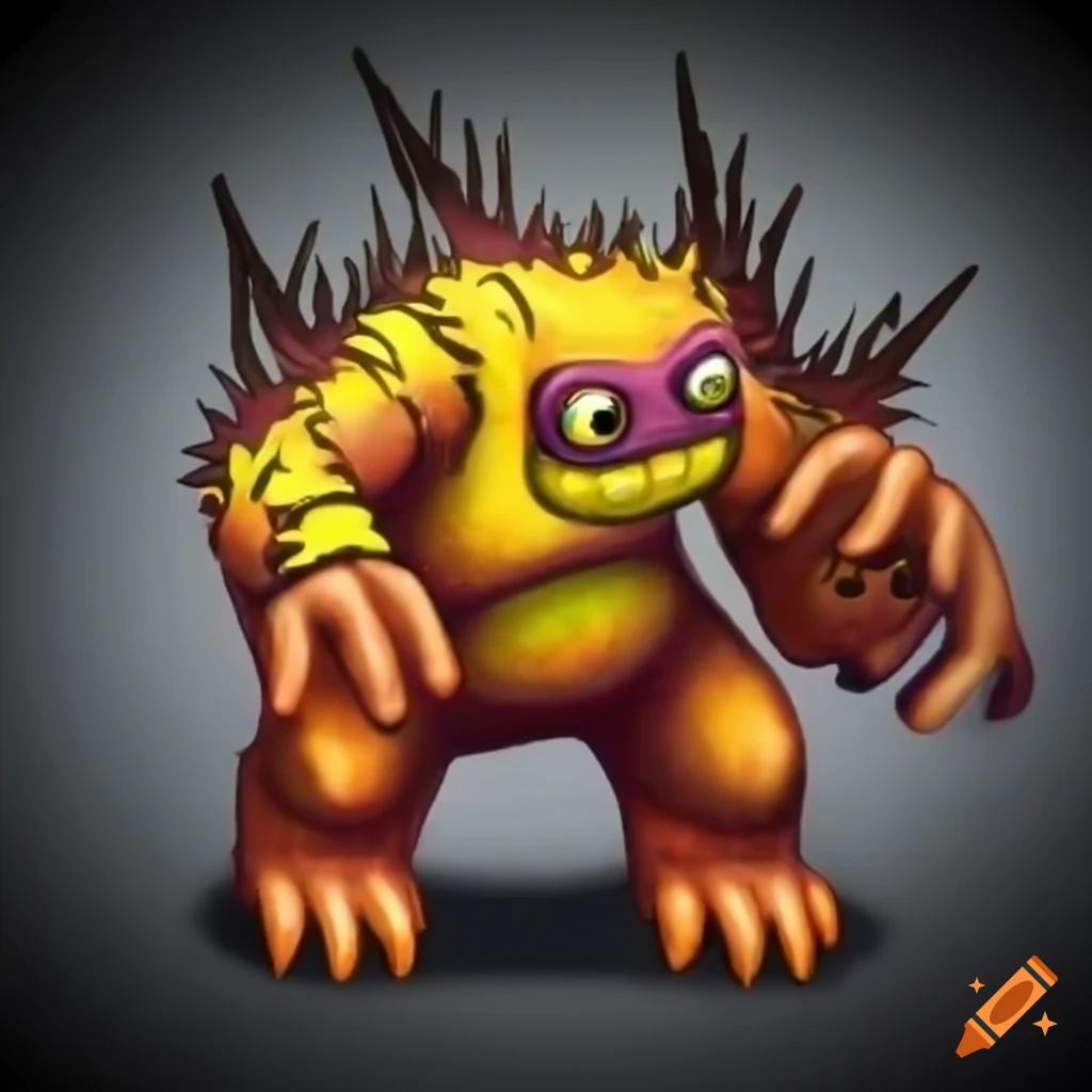Monster with spikes, yellow, orange, purple, and black colors, three ...