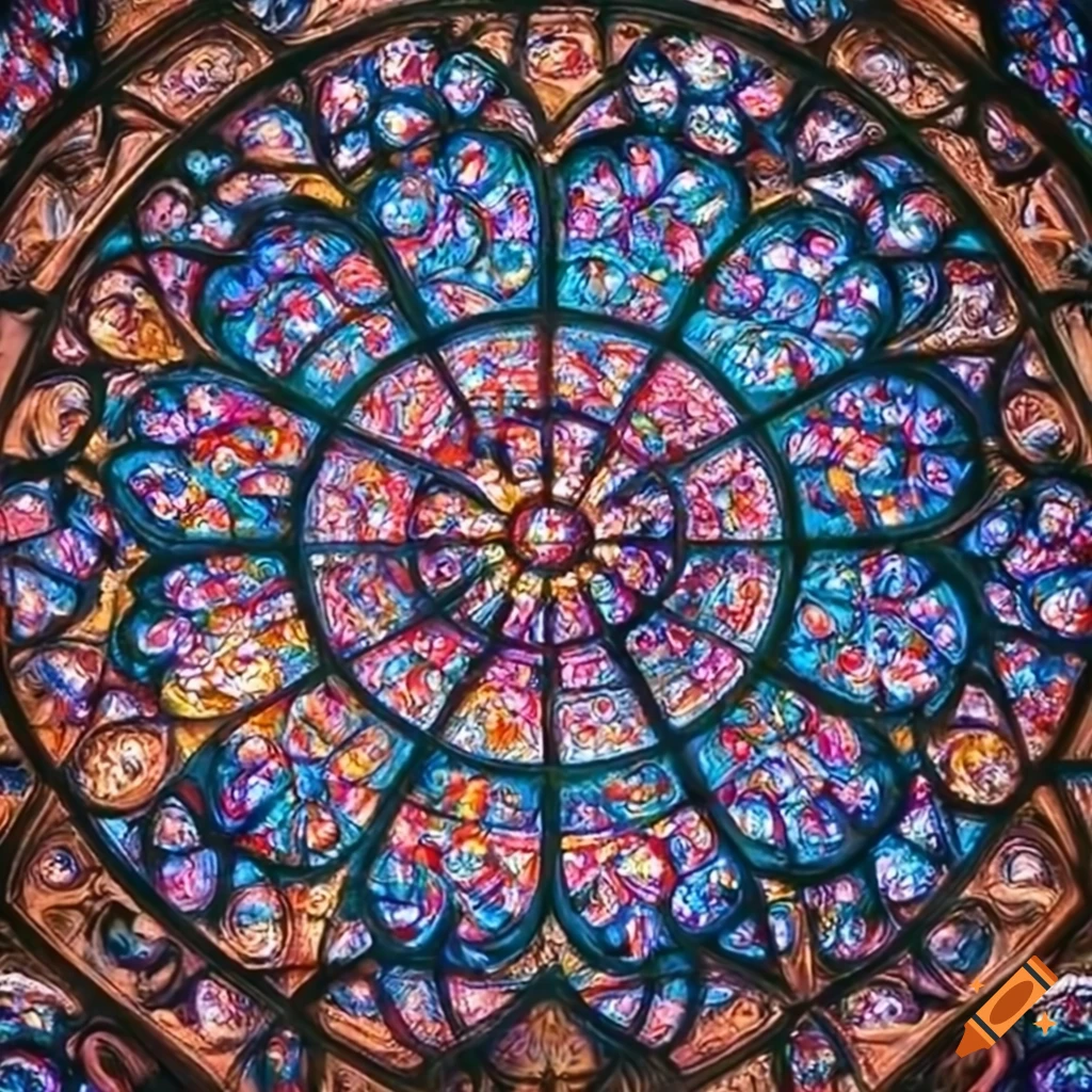 Oil painting of notre-dame's rose window with cathedral details on Craiyon