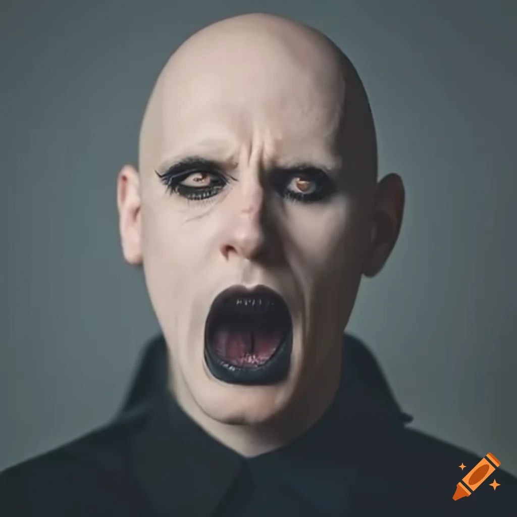 Screaming goth bald man with black eyes in a retrowave style on Craiyon