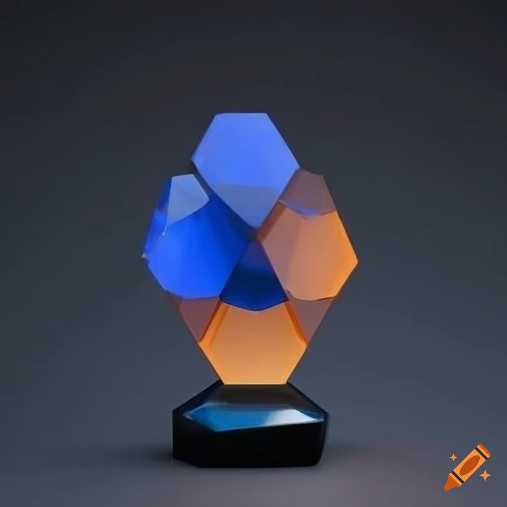 Blue and orange translucent hexagonal crystal structure on a dark grey base on Craiyon