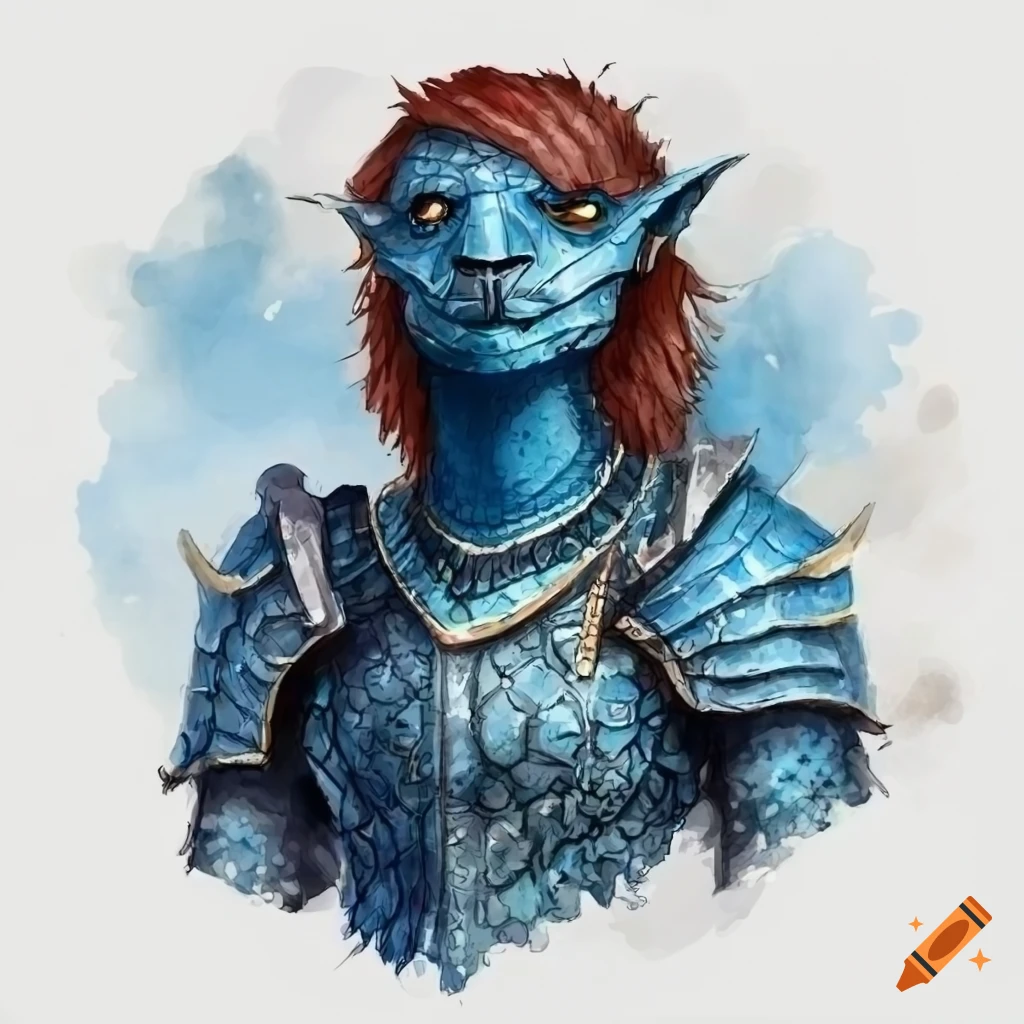 Blue-scaled female reptile dragonborn knight in traditional armor on ...
