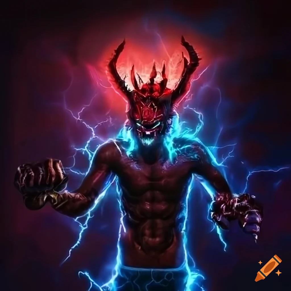 Electric shock demon with blue lightning and menacing grin on Craiyon