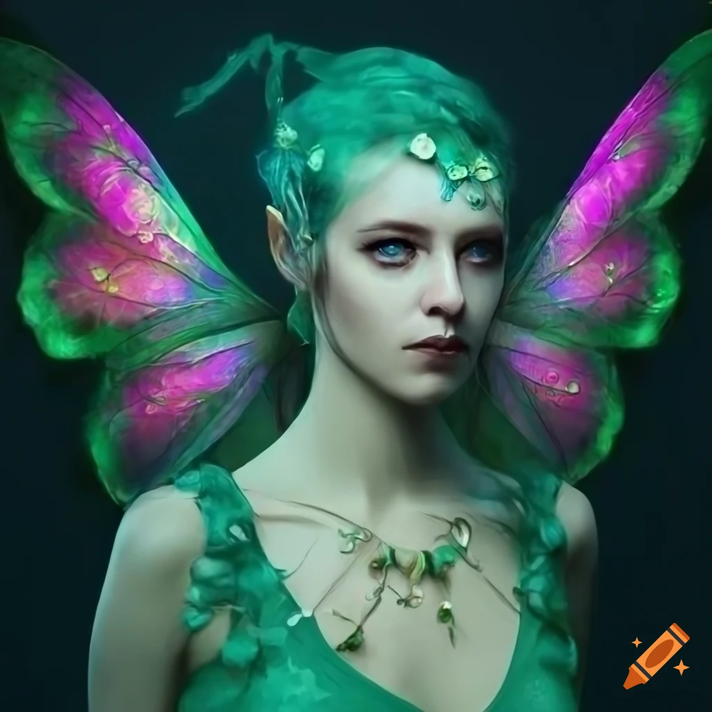 Portrait Of A Mysterious Fairy Woman With Liana Hair And Wings In A