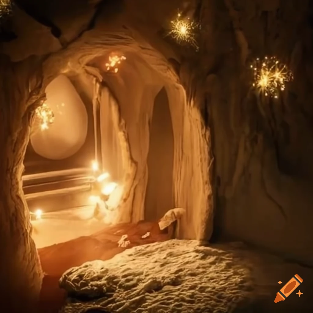 Cozy hidden cave with fairy lights under winter trees on Craiyon