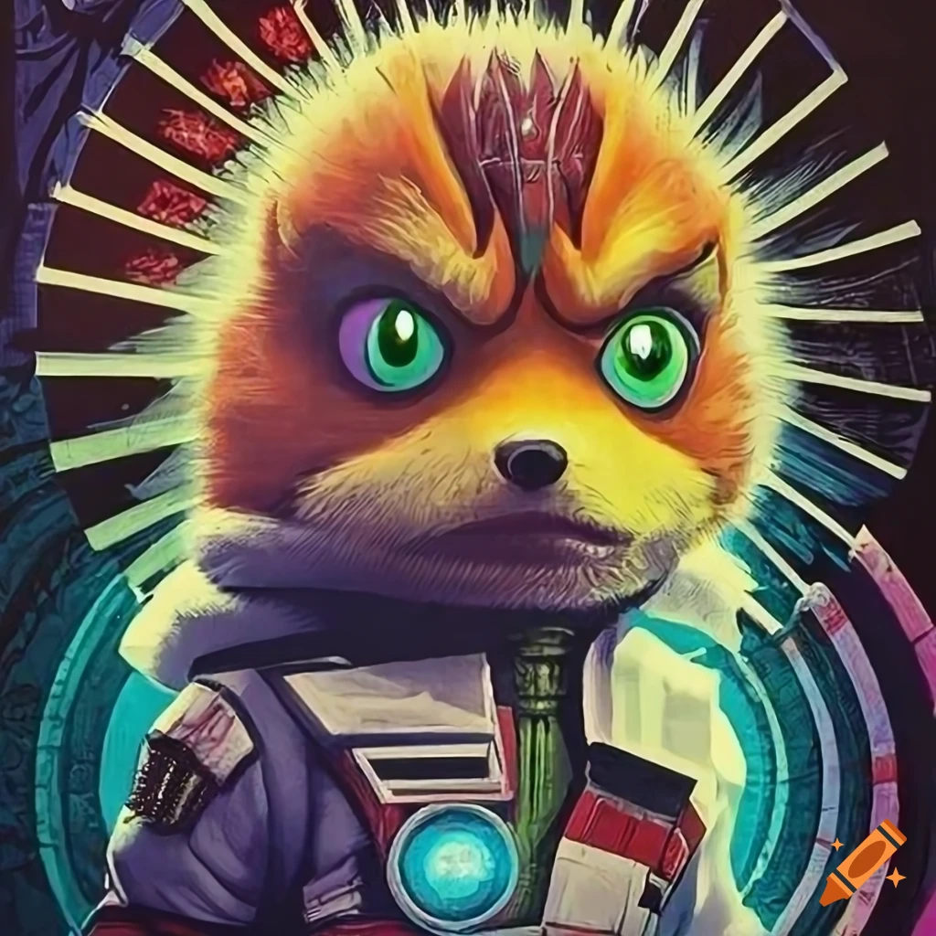 Intricate details artwork with a star fox theme in vintage poster style ...