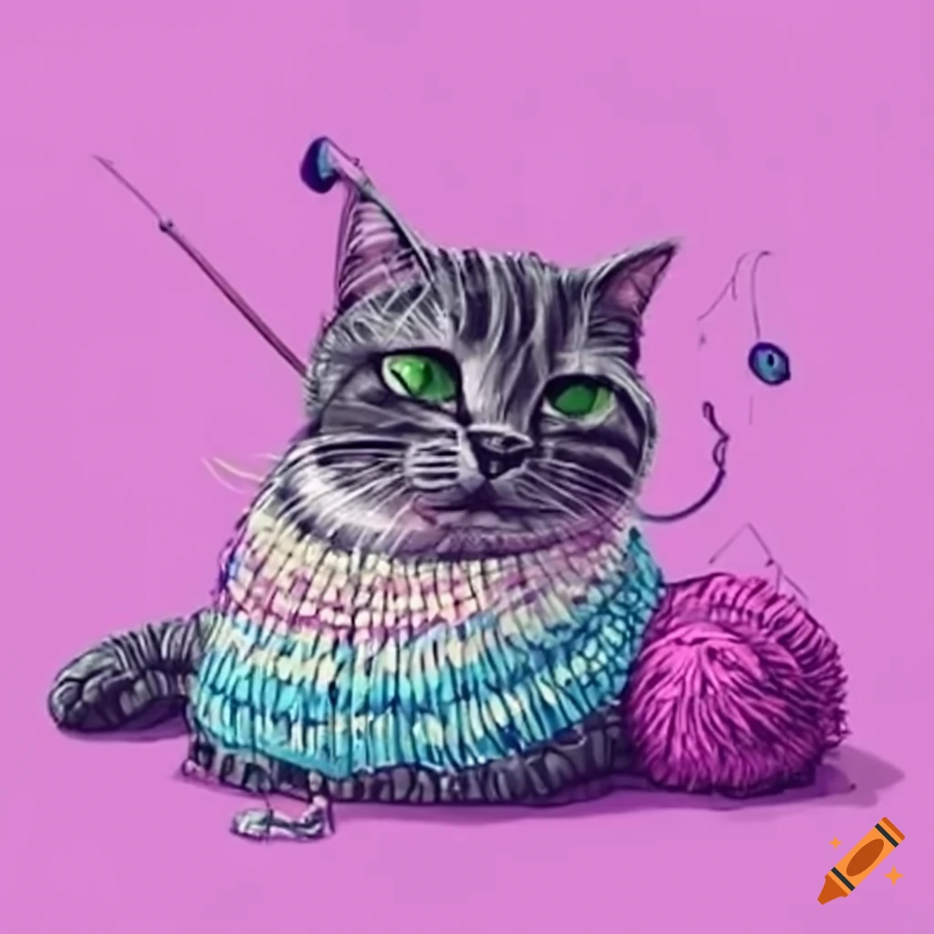 Cat knitting surrounded by knitting equipment on Craiyon
