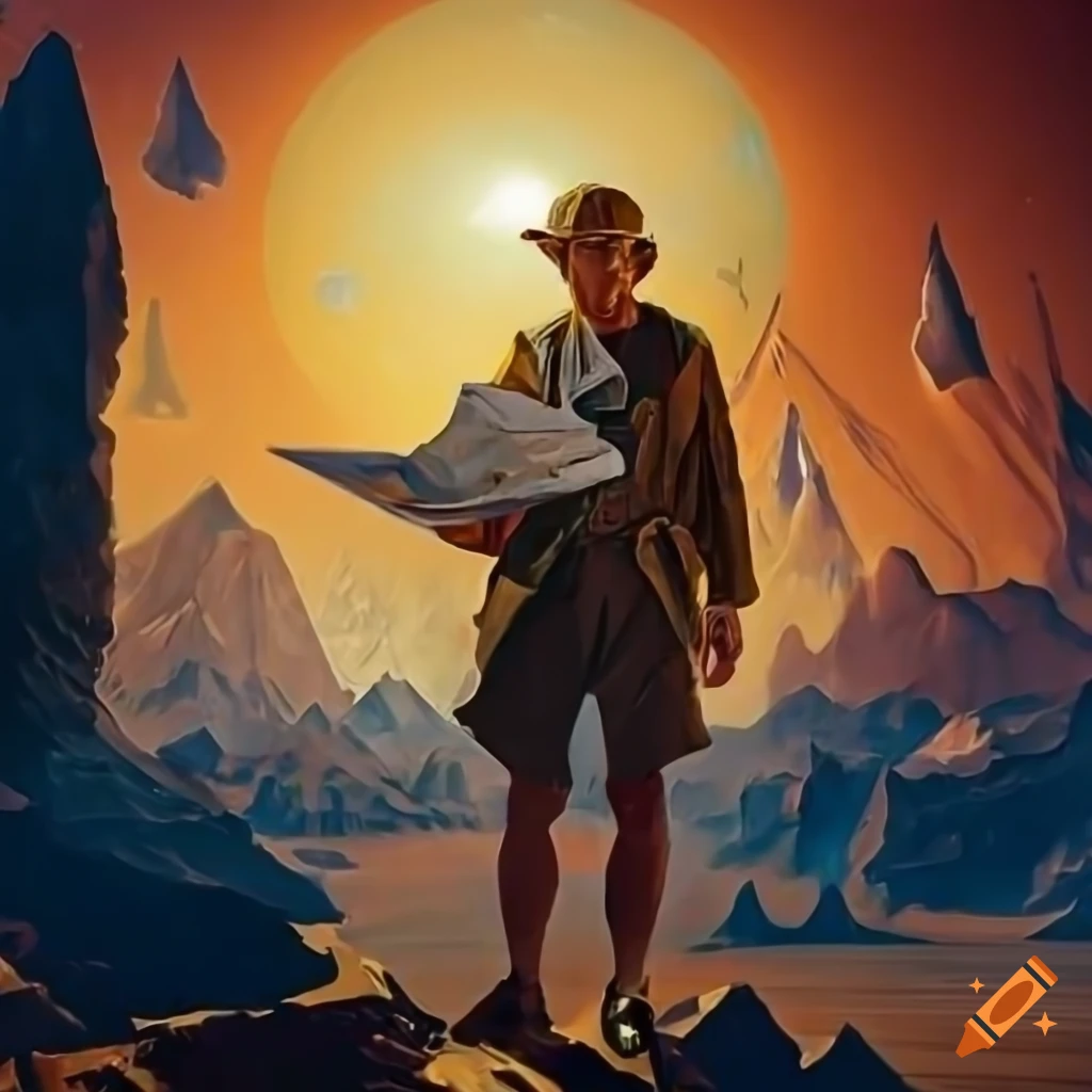 Explorer with a map in a mountainous crystal desert landscape on Craiyon