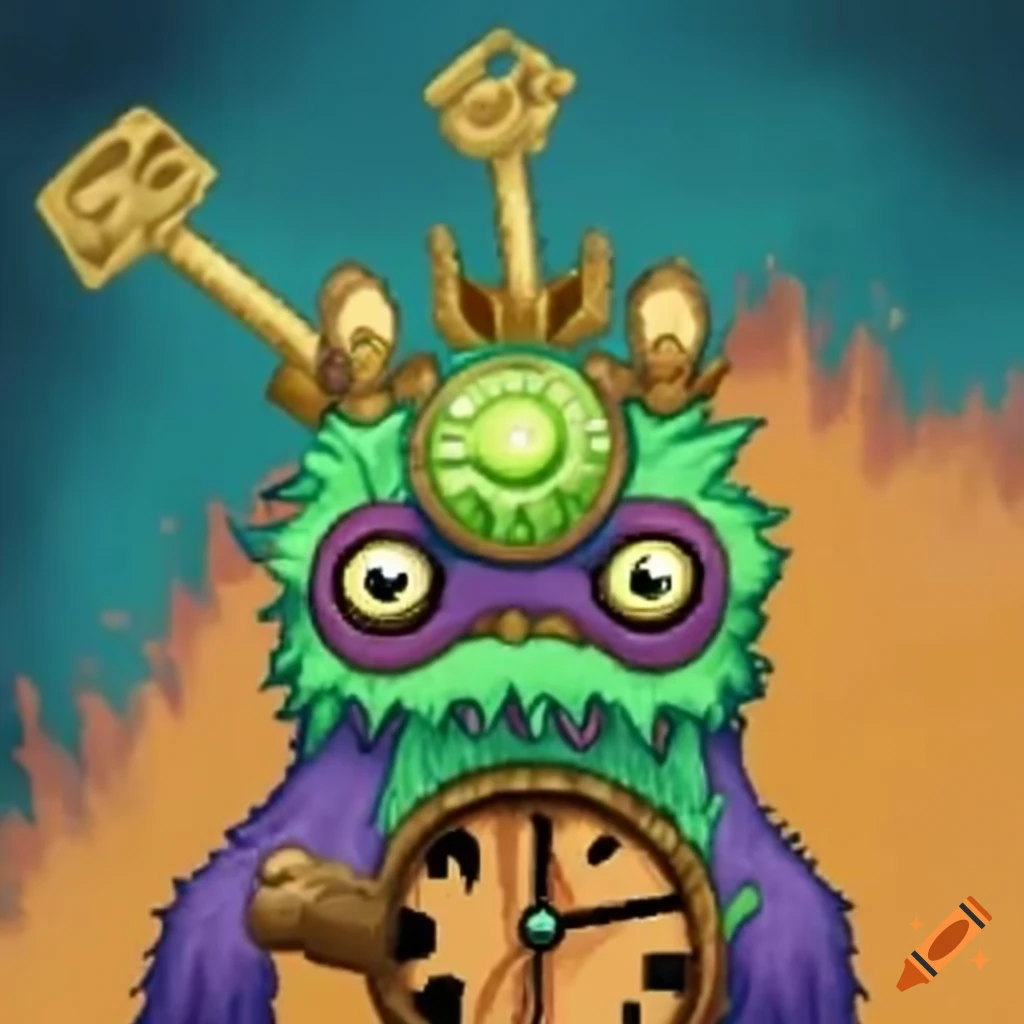 My singing monsters character with clock hands mustache on a watch on Craiyon