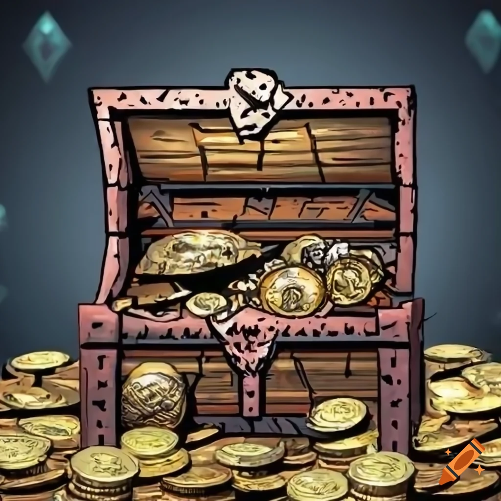 Darkest Dungeon style open treasure chest with artifacts in a lair of ...