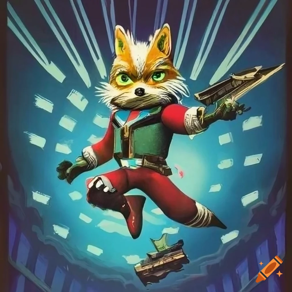 Intricate details of star fox on a vintage poster on Craiyon