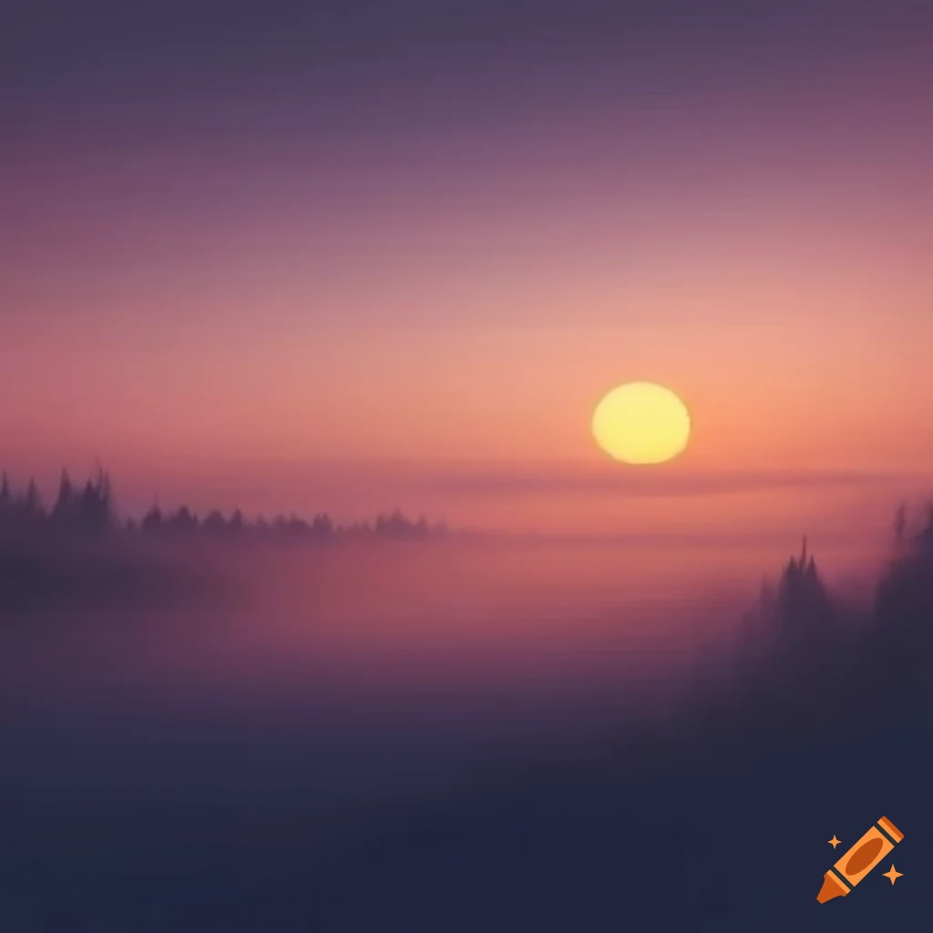 Sunset over foggy countryside in hyper realistic style on Craiyon