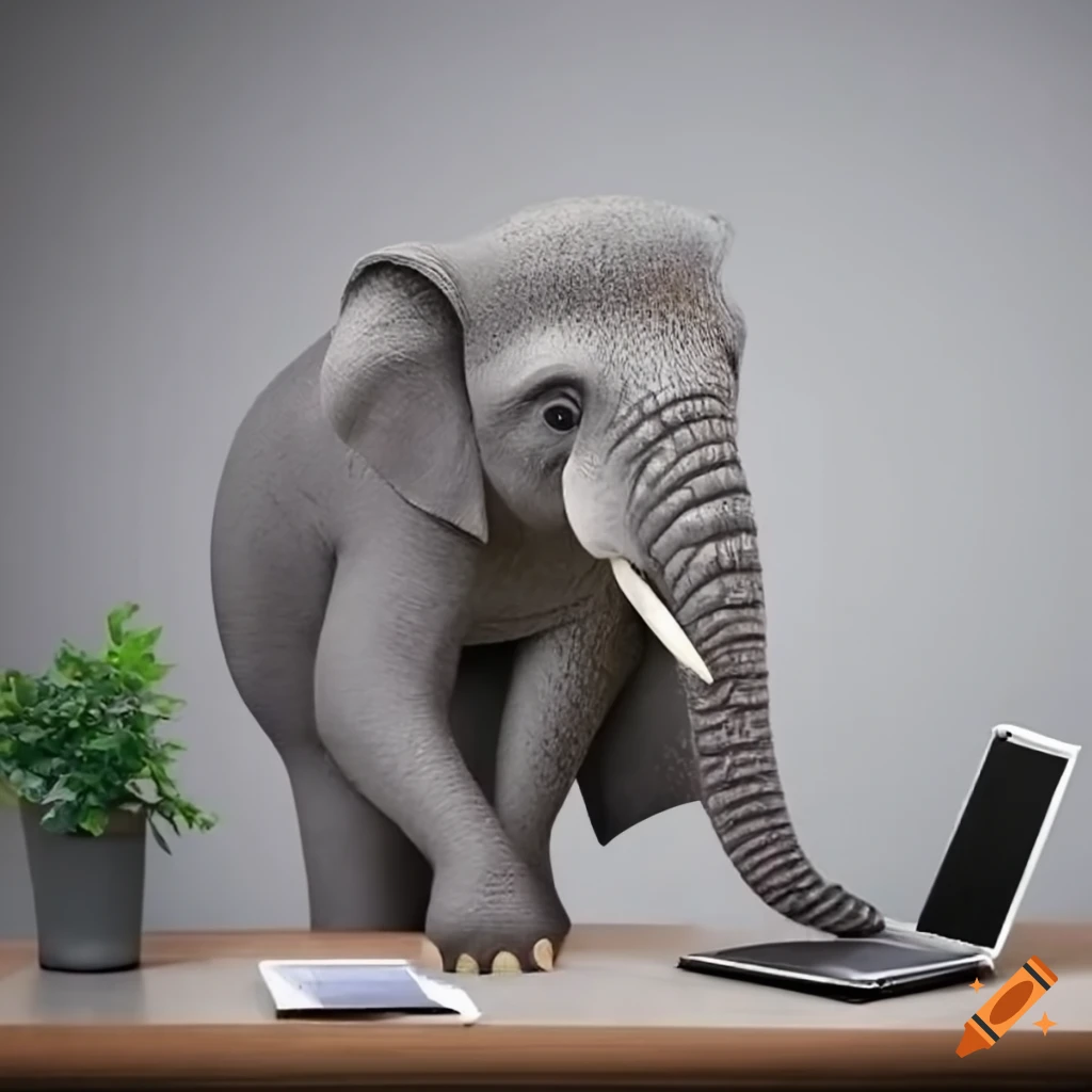 Elephant doing paperwork in a grey office setting on Craiyon