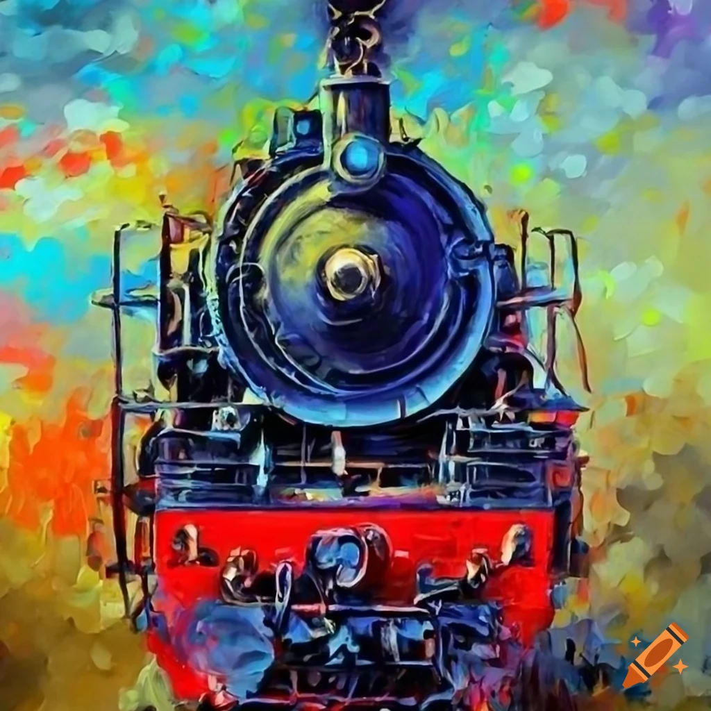 Front view of a colorful steam locomotive oil painting on Craiyon