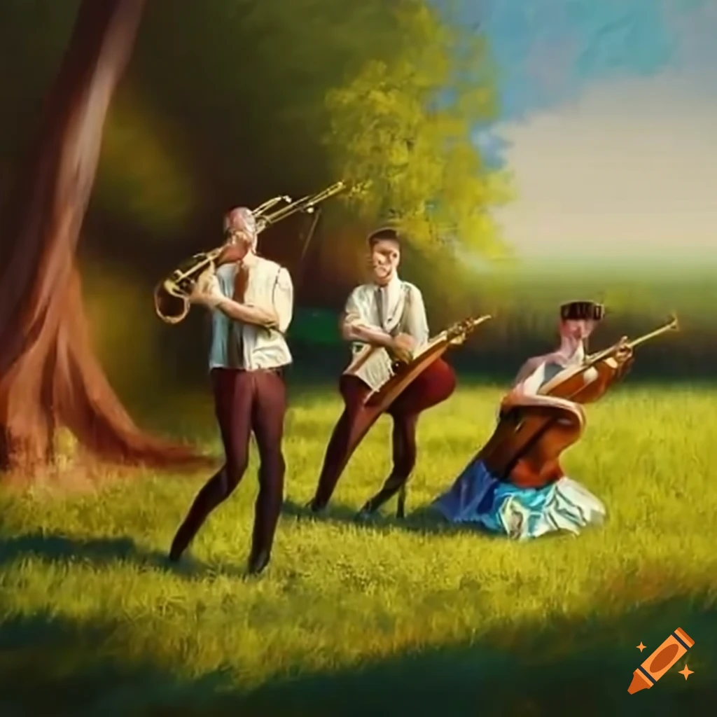 Musicians playing wind instruments in a windy landscape on Craiyon