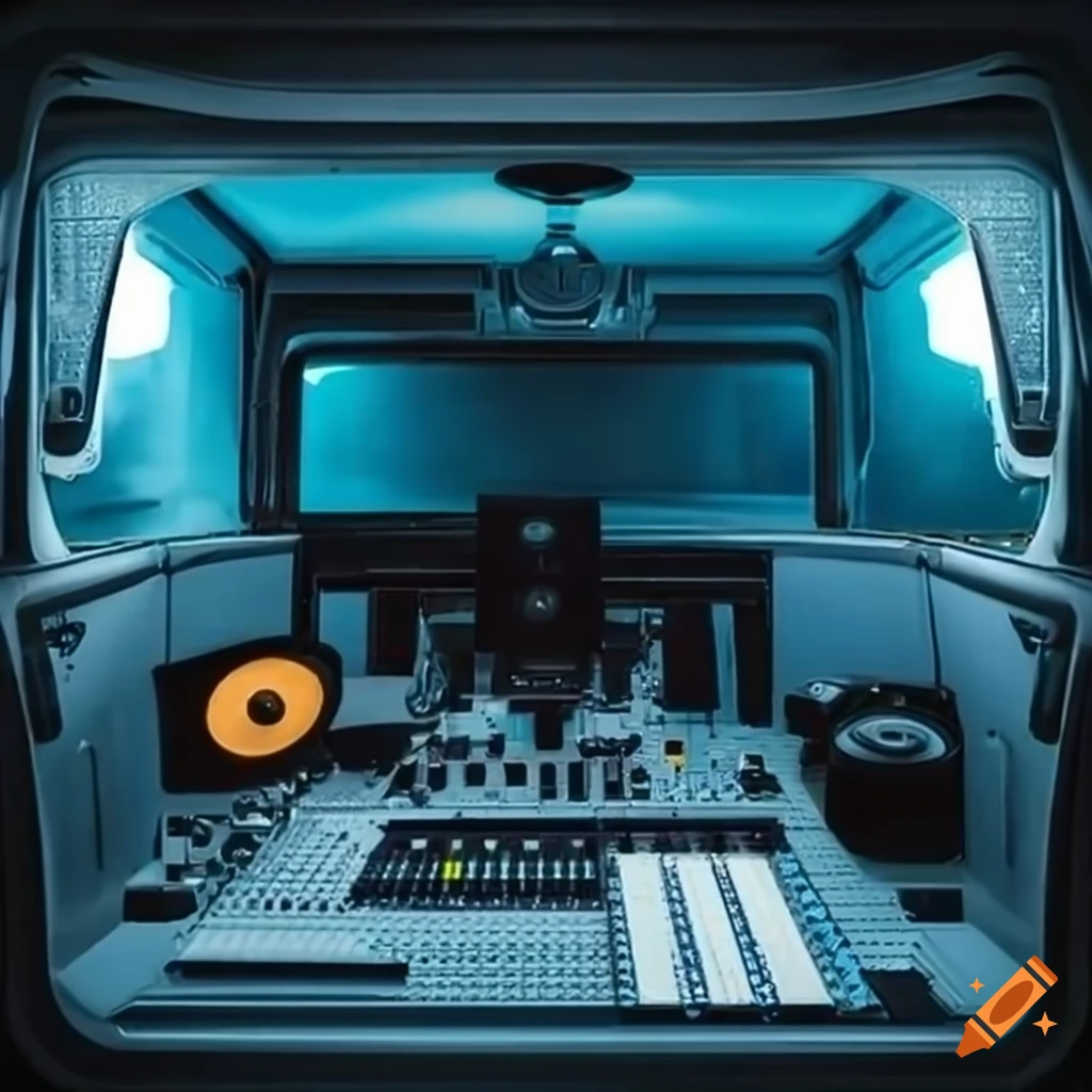 View inside a van with recording studio equipment on Craiyon