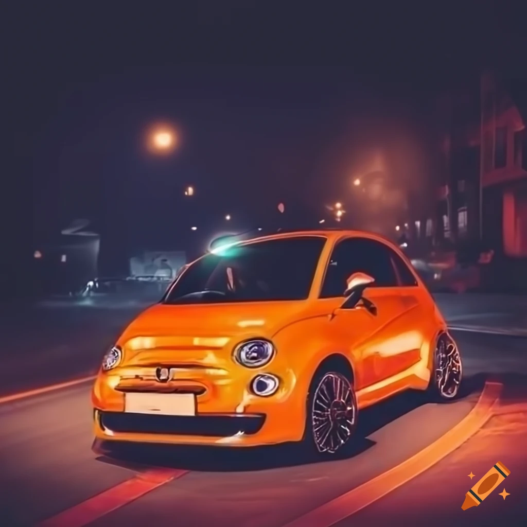 Orange neon Fiat 500 driving in urban night setting on Craiyon