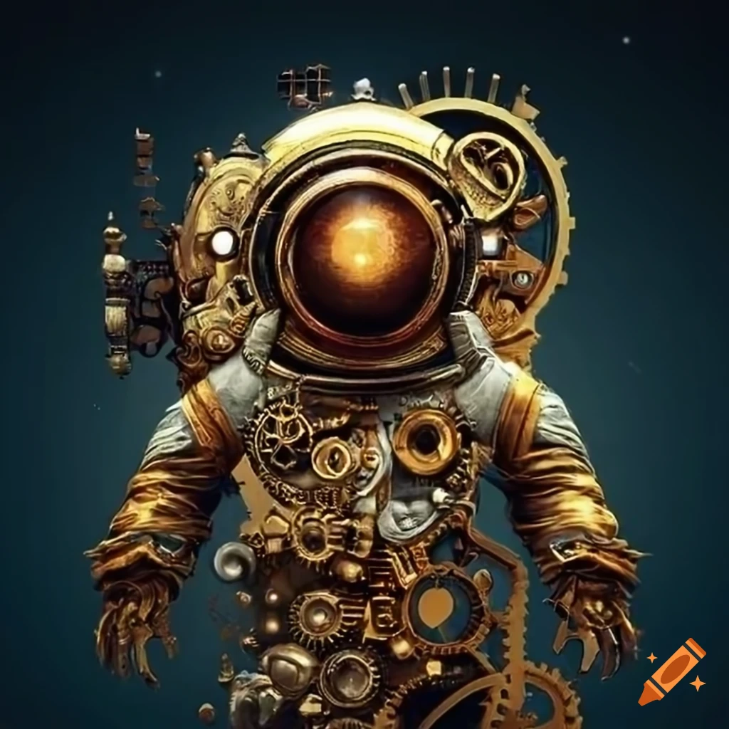 Steampunk astronaut among gears exploring surreal space on Craiyon