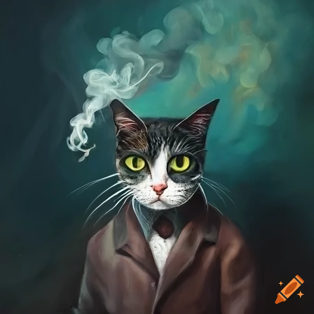 Surreal tuxedo cat deep in thought while smoking on Craiyon