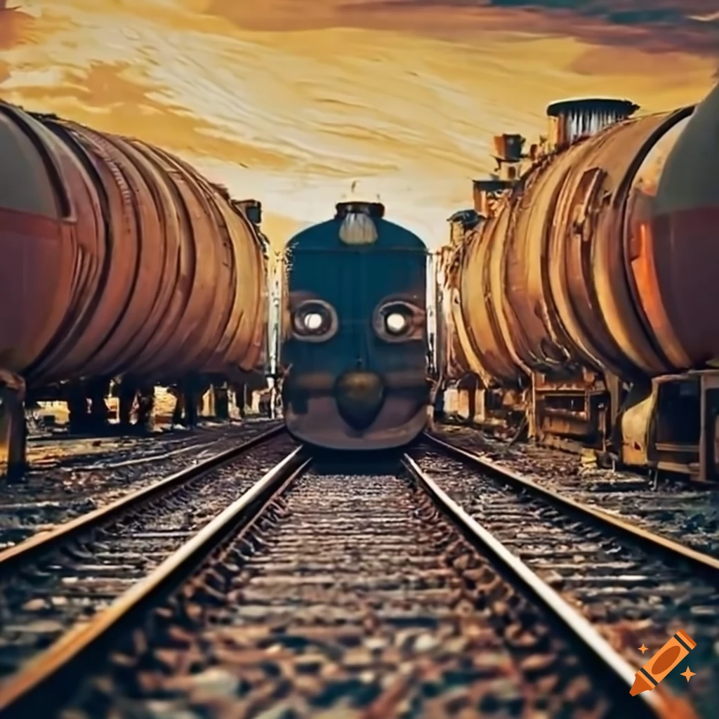 Oil tanker train transporting beer barrels on tracks on Craiyon