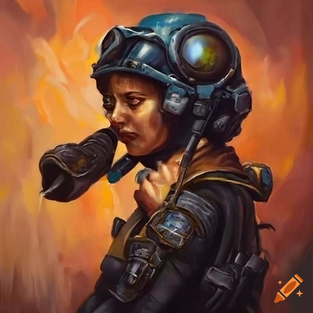 Spaceship pilot in a dynamic pose in a pulp cover style oil painting on ...