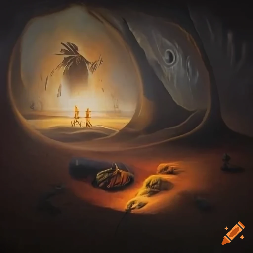 Explorer in a mysterious cavern finding a strange pod-like creature in ...