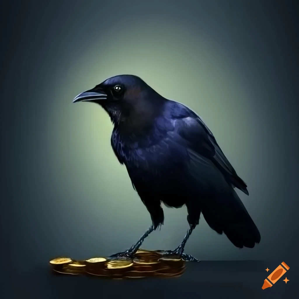 Black crow holding a shiny gold coin in its beak in a detailed painting ...
