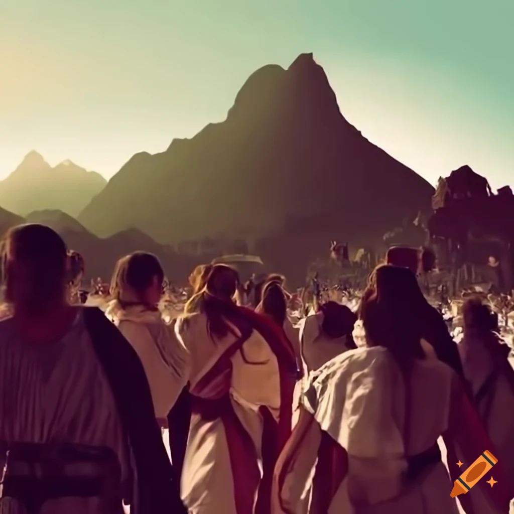 Crowd in ancient clothing leaving a city for a desert mountain on Craiyon