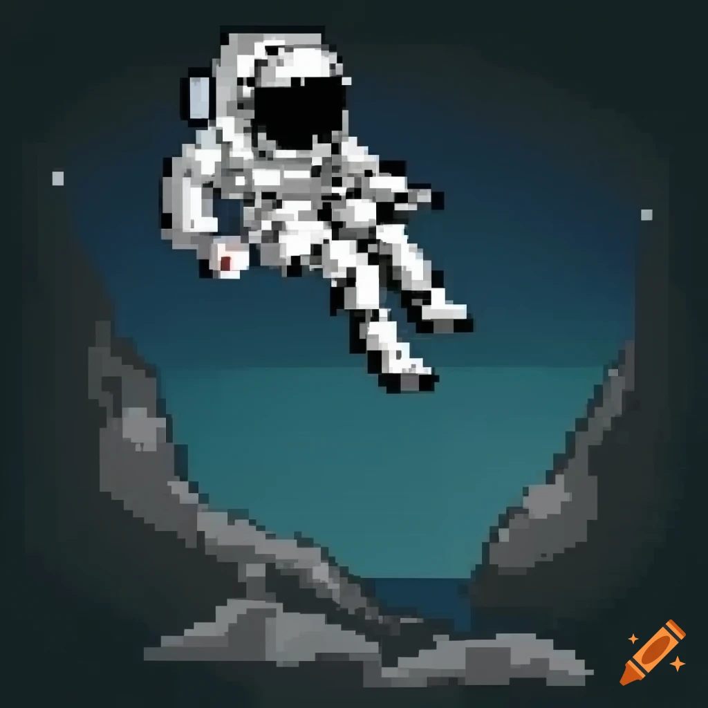 Astronaut flying away from rock in pixel art style on Craiyon