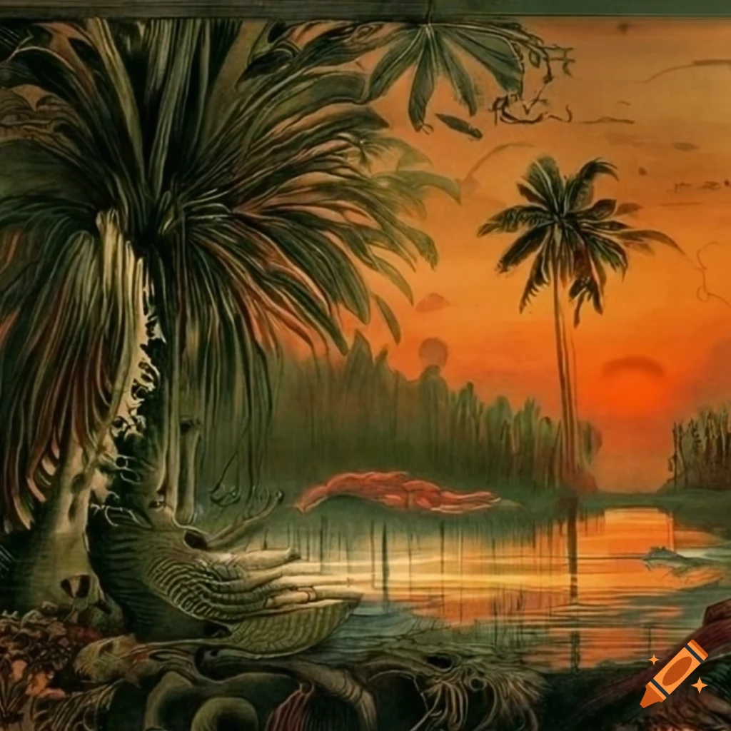 Bizarre jungle landscape painting with palm trees, flowers, and ...