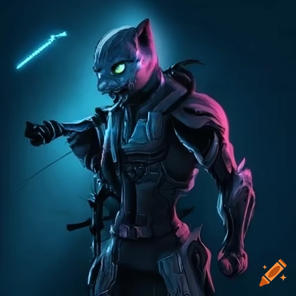 Cybernetically enhanced feline with hi-tech weapon in a futuristic ...