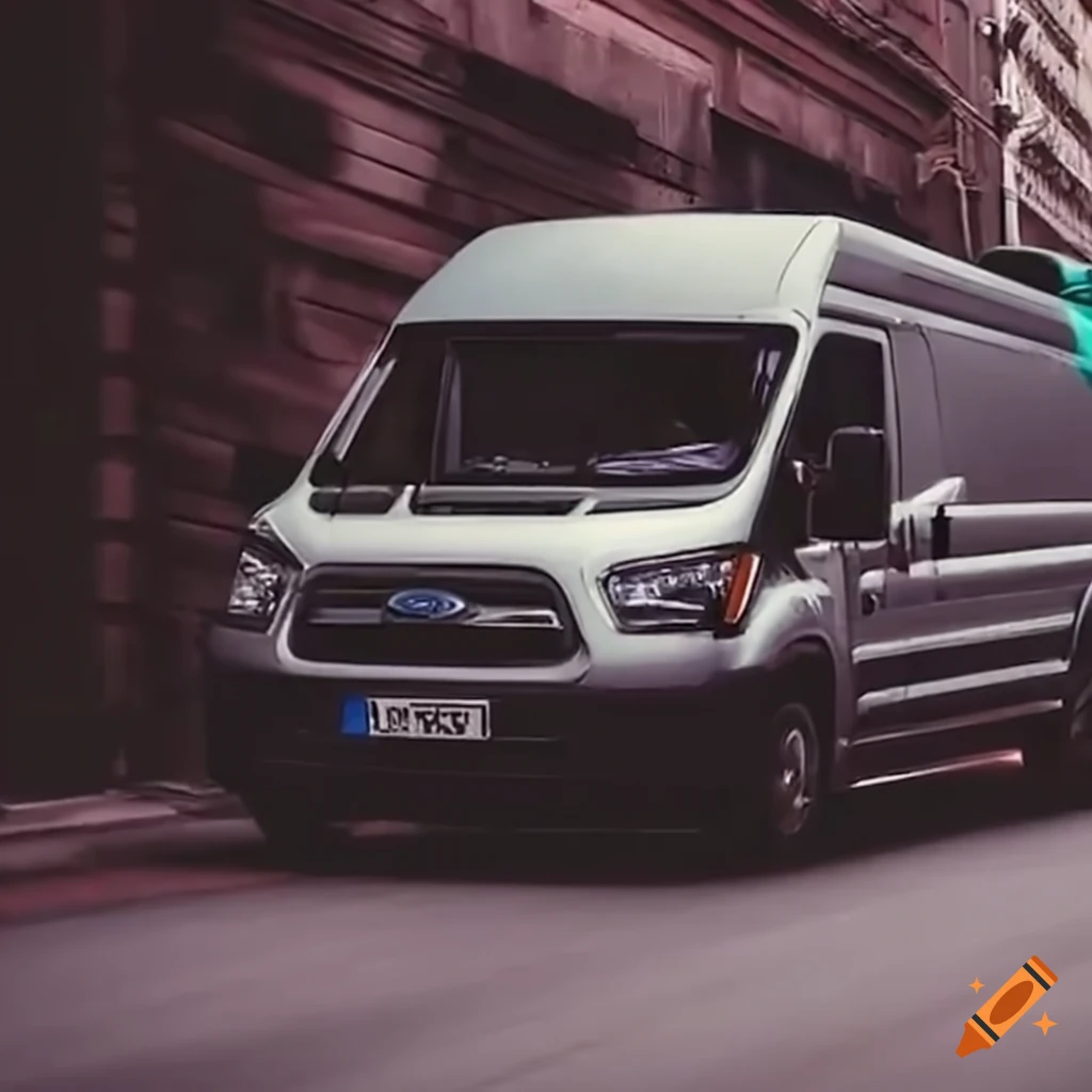 Ford transit van driving on a busy suburban street on Craiyon