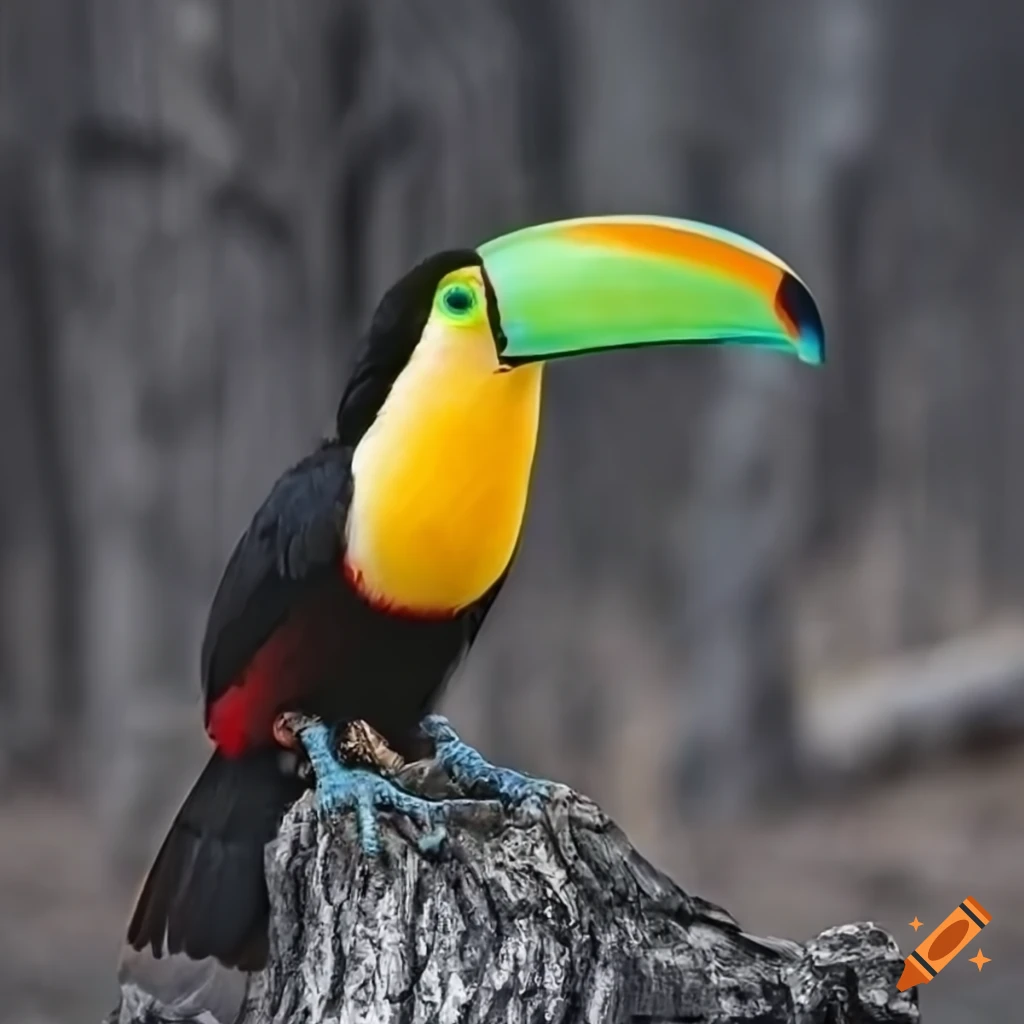 Sad toucan in a burnt forest on Craiyon