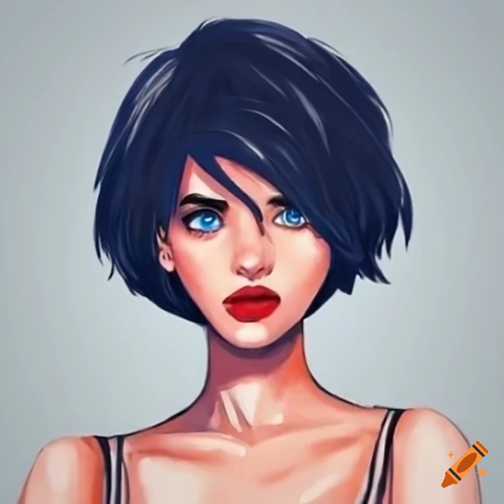 Comic book girl with short black hair lying in bed wearing a white ...