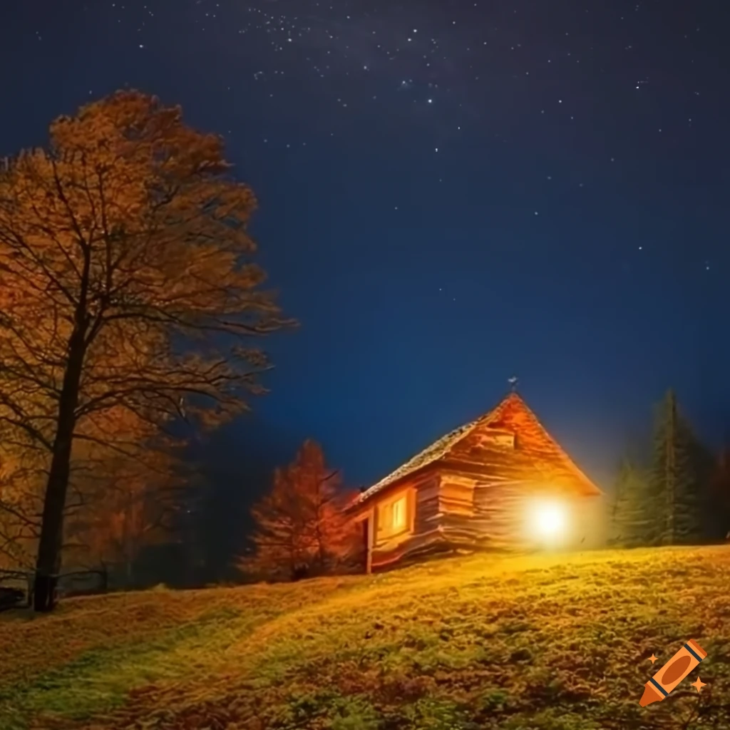 Autumn forest night scene with rustic cabin and mountains in the ...