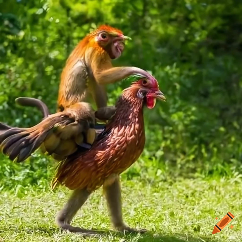 Monkey riding a racing chicken with a saddle on Craiyon