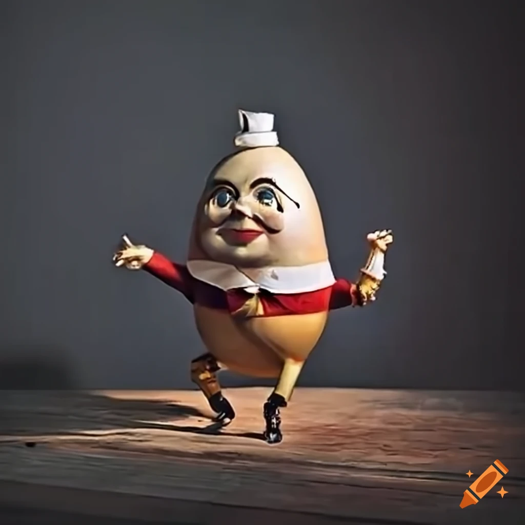 Humpty Dumpty about to fall off a wall on a stage on Craiyon