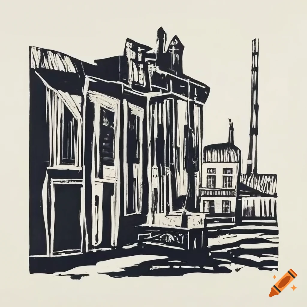Expressionistic black and white linocut of a mid-century industrial ...