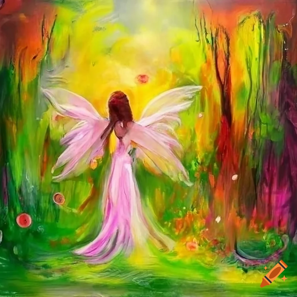 Abstract painting of enchanting fairies in a watercolor garden on Craiyon