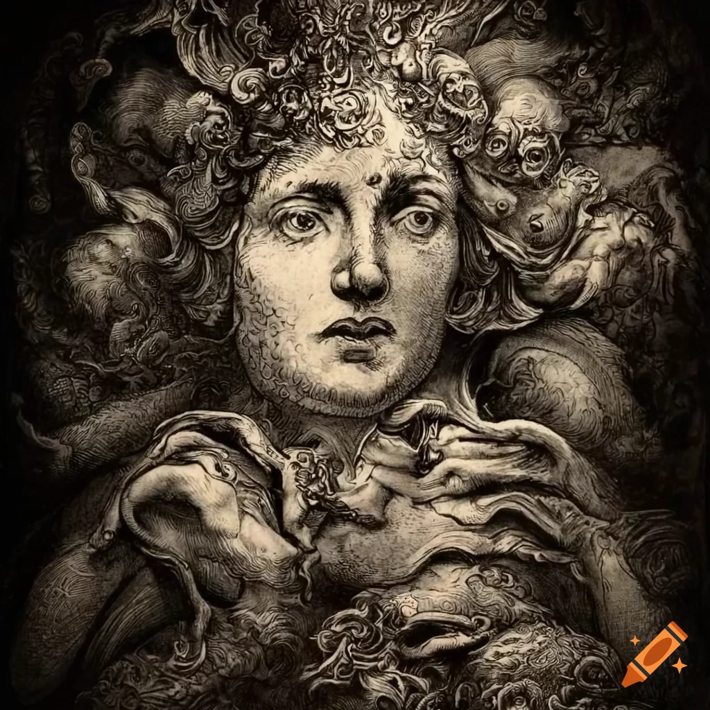 Intricate baroque etchings from an ancient mythological book depicting ...